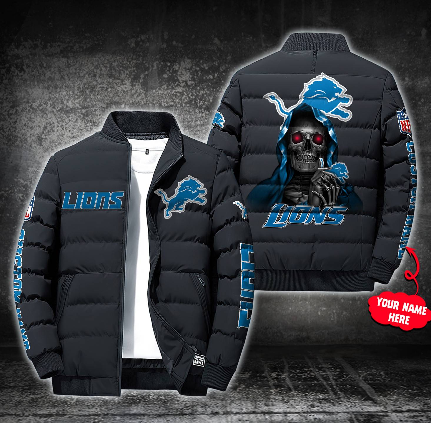 NFL Detroit Lions Custom Name Skull Down Jacket Puffer Jacket PJ016 ...