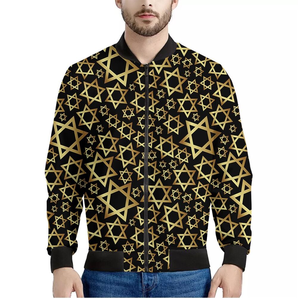 Black And Gold Star of David Print Bomber Jacket – We sell presents ...