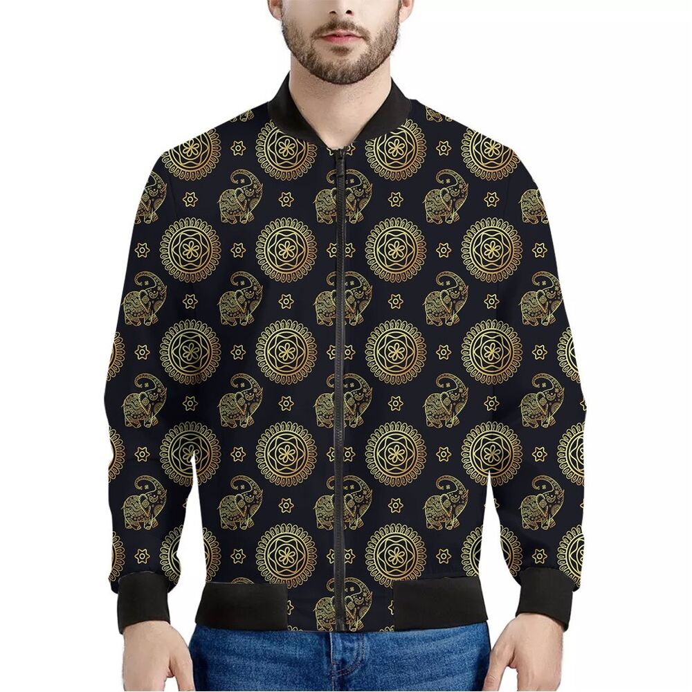 Blue And Gold Tribal Elephant Print Bomber Jacket – We sell presents ...