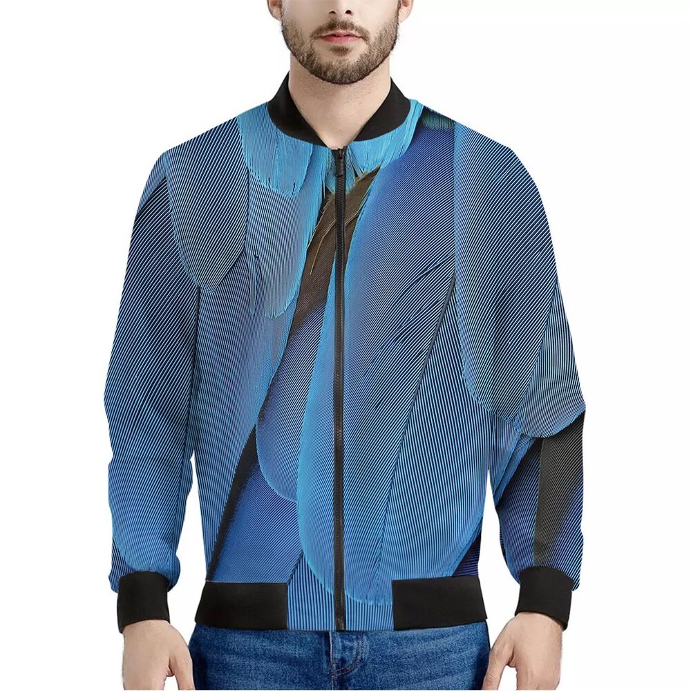 Blue Feather Print Bomber Jacket – We sell presents, you sell memories!