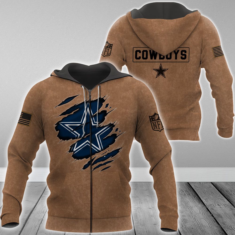 Dallas Cowboys NFL Brown Distressed Logo Salute To Service 2023 3D Zip ...